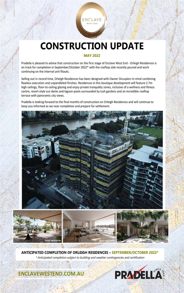 ORLEIGH RESIDENCES CONSTRUCTION UPDATE – MAY 2022 – Pradella Group